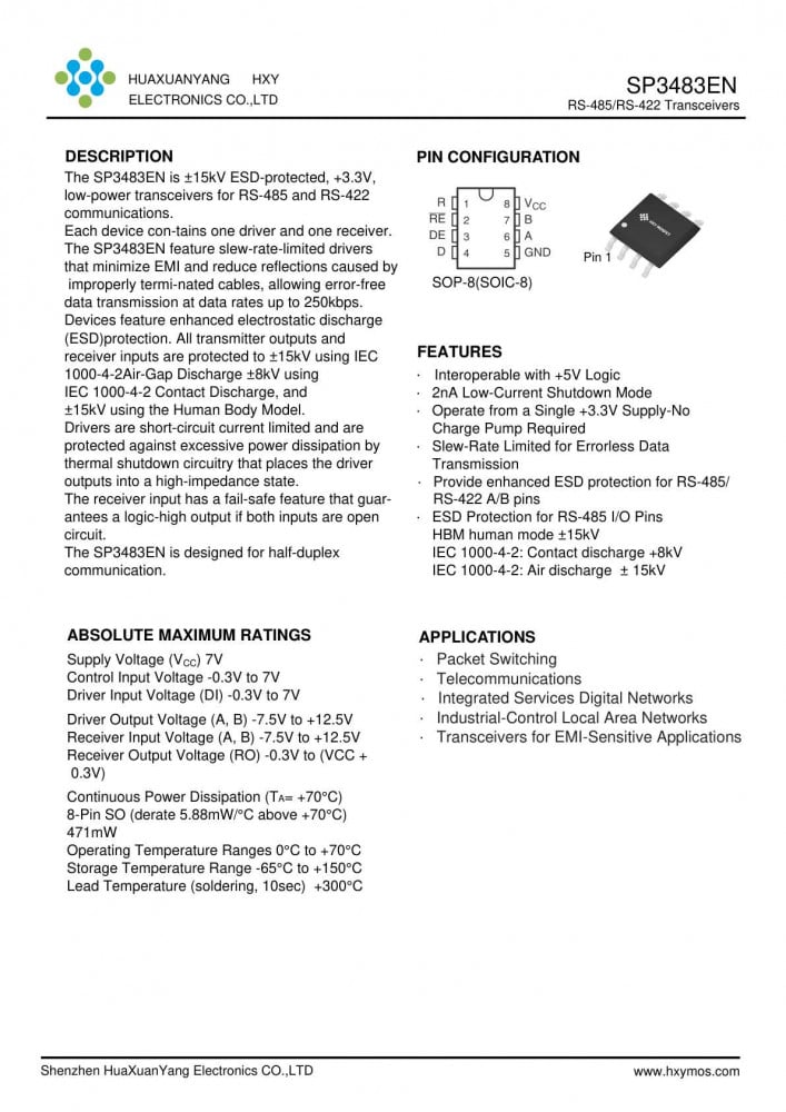 SP3483EN-HXY datasheet page 1