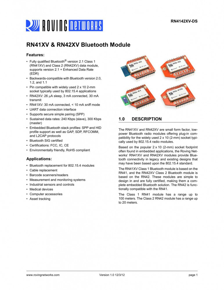 RN42XV datasheet preview, page 1