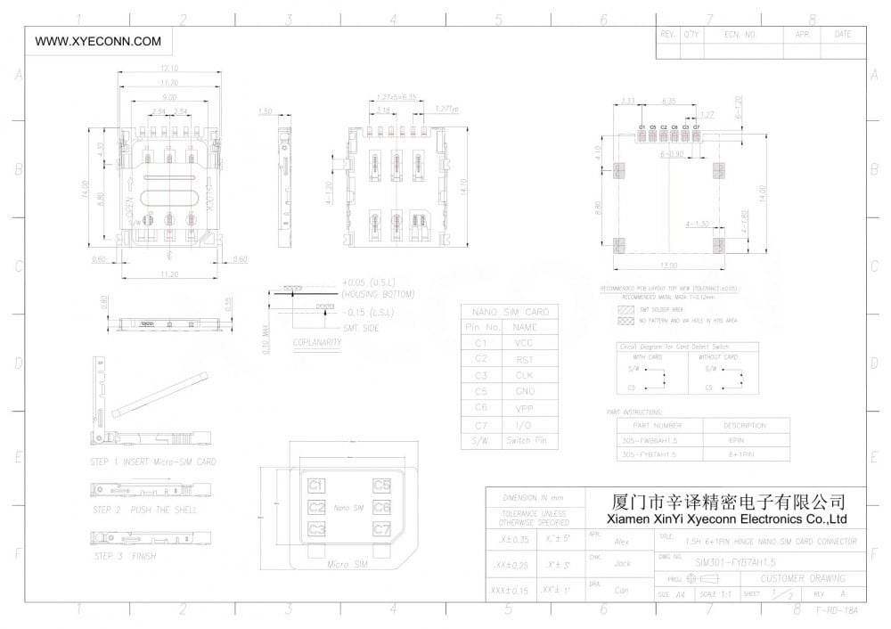 SIM301-FYB7AH1.5 customer drawing sheet 1