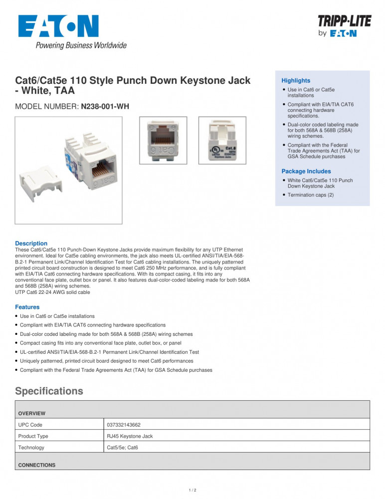 EATON N238-001-WH technical document page 1