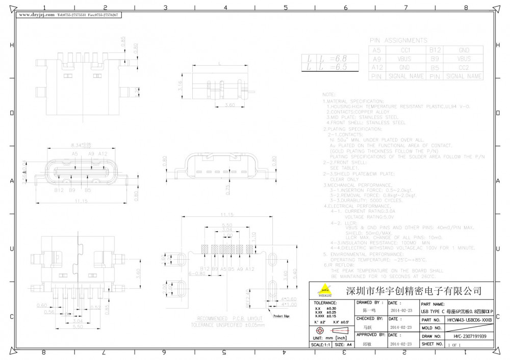 HOAUC HYCW443-USBC06-680B technical drawing