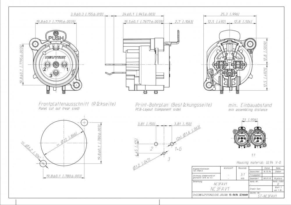 Neutrik NC3FAV1 technical drawing