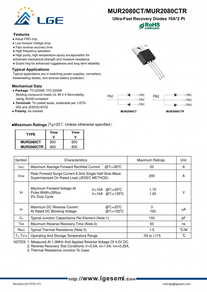 MUR2080CT datasheet page 1