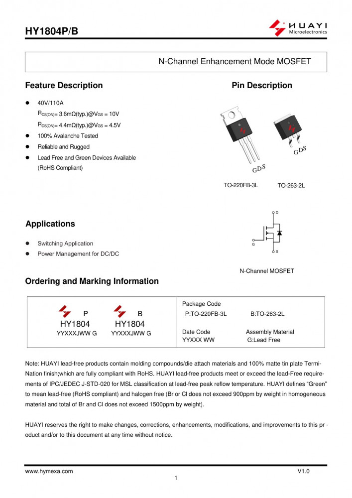 HY1804P datasheet page 1