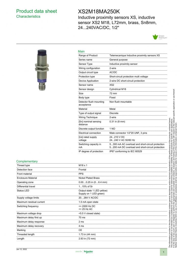 XS2M18MA250K product documentation page 1
