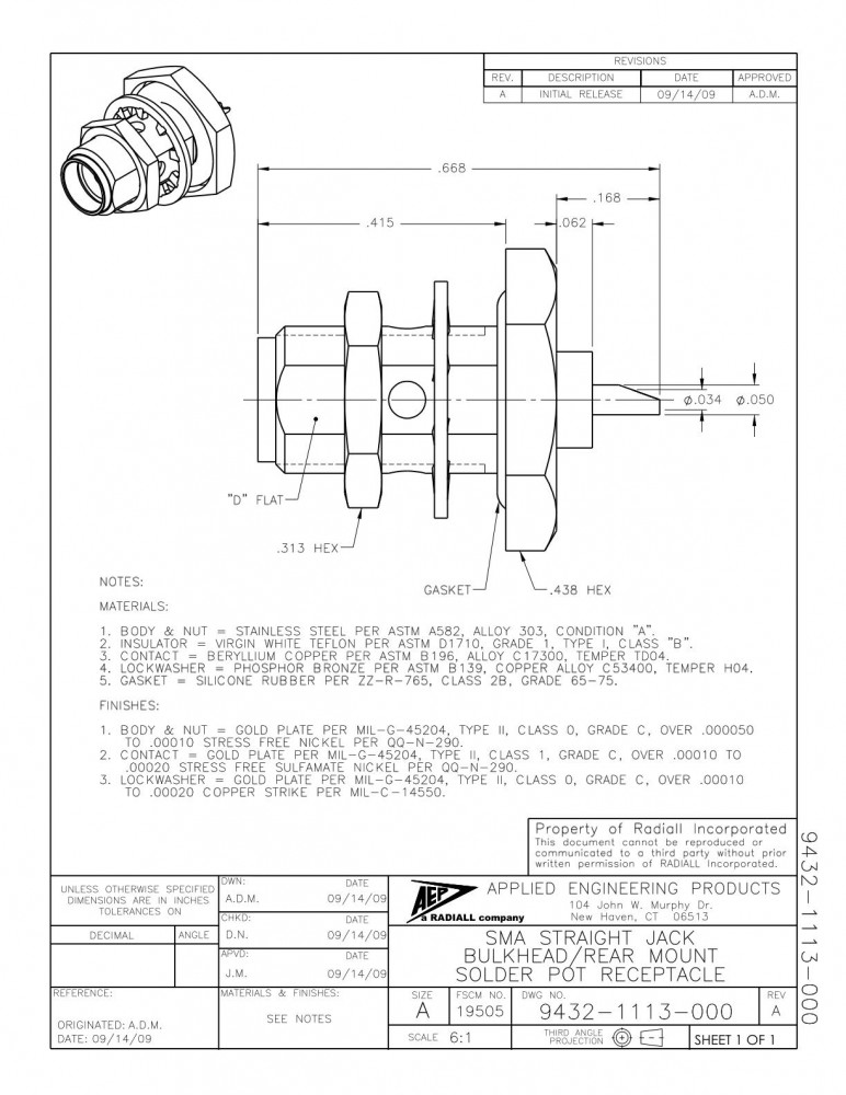 Radiall 9432-1113-000 engineering drawing