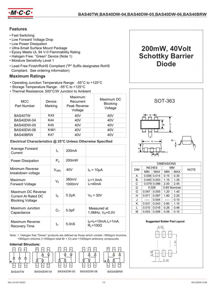 BAS40TW-TP technical document page 1