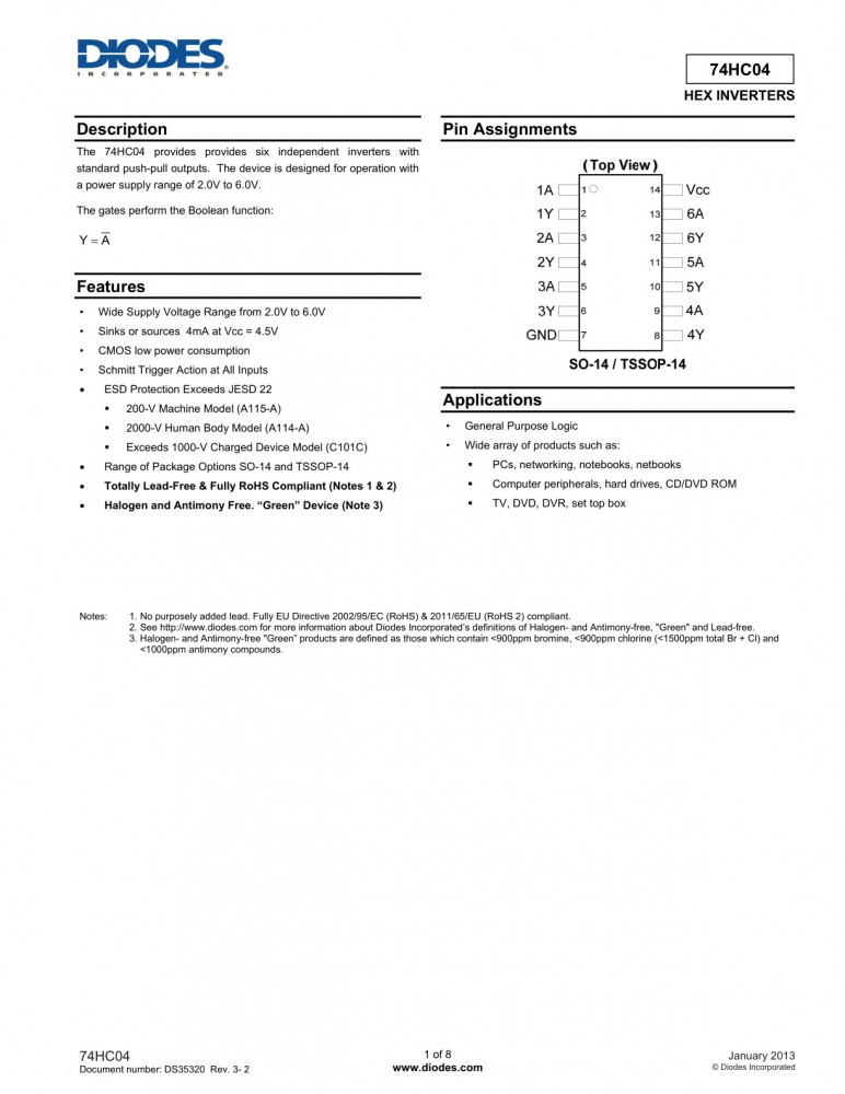 74HC04S14-13 technical document page 1