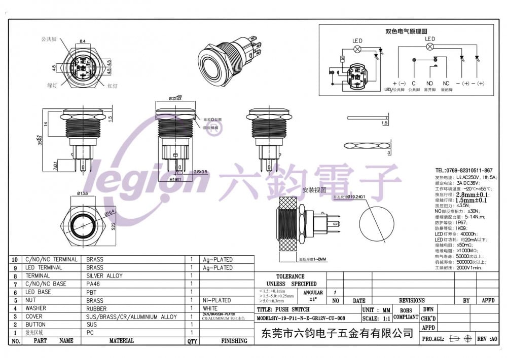 Legion HY-19-P11-N-E-GR12V-CU-008 technical drawing