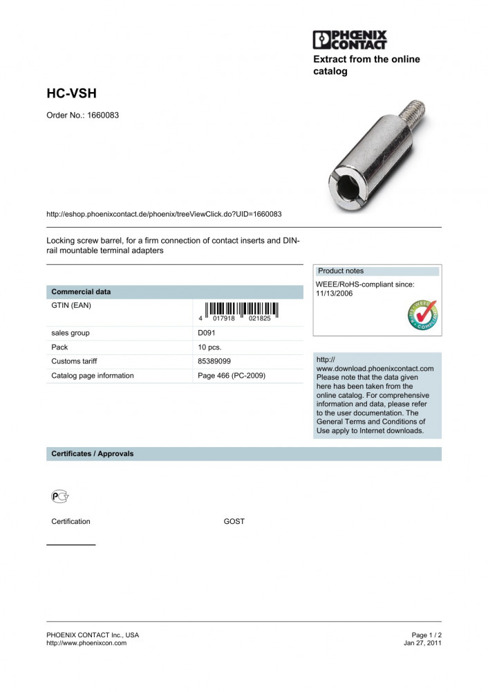 Phoenix Contact HC-VSH 1660083 catalog page