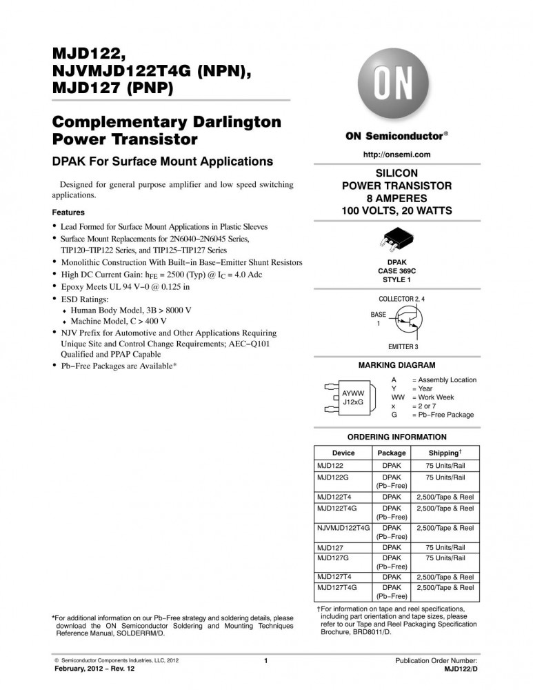 MJD122T4G datasheet page 1