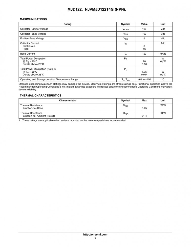 MJD122T4G datasheet page 2