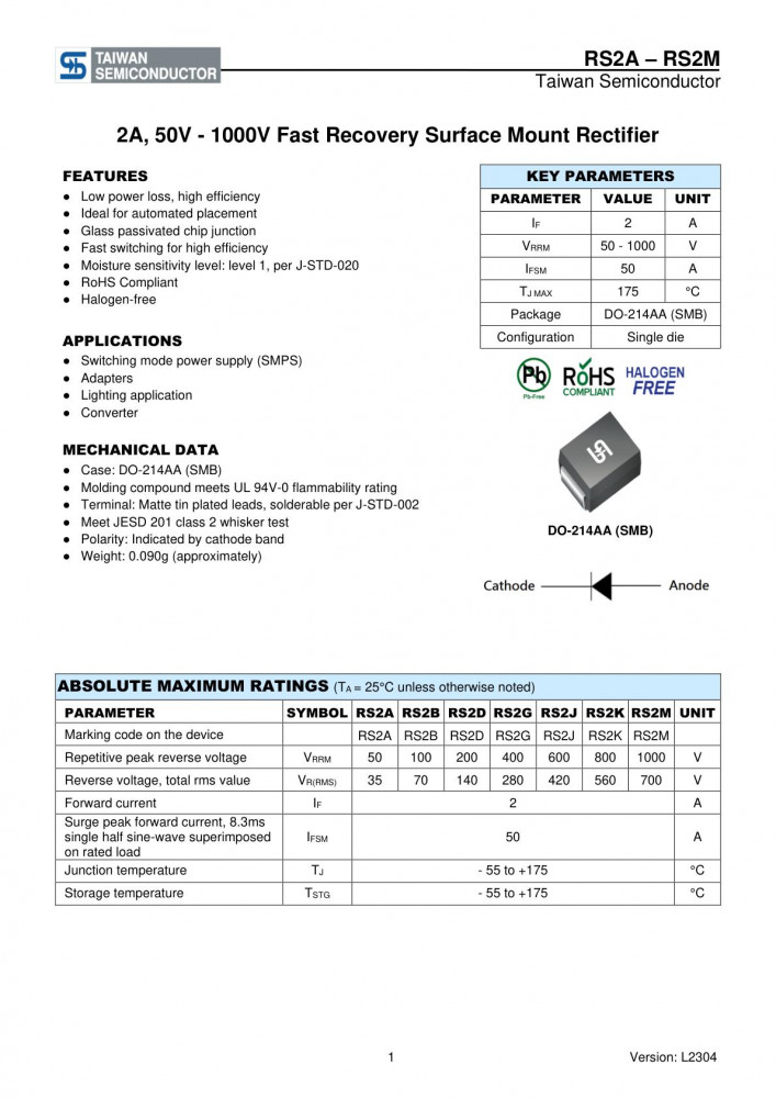 Taiwan Semiconductor RS2A datasheet image, page 1