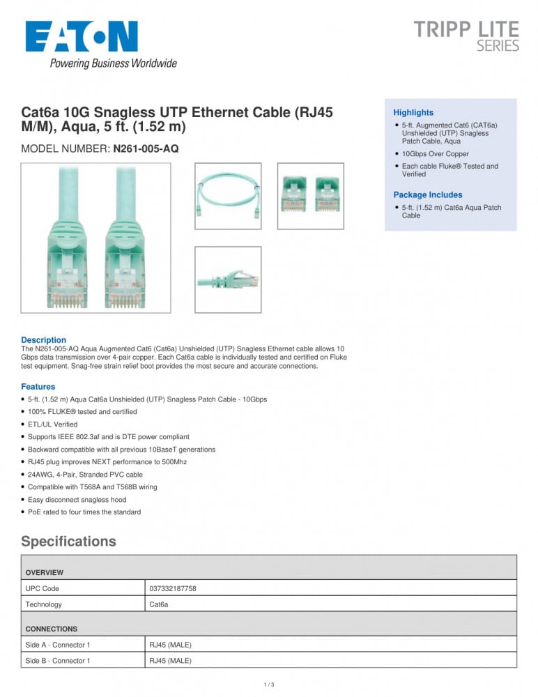 EATON N261-005-AQ technical document page 1