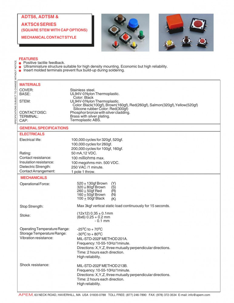 APEM ADTSM66KV technical document page 1