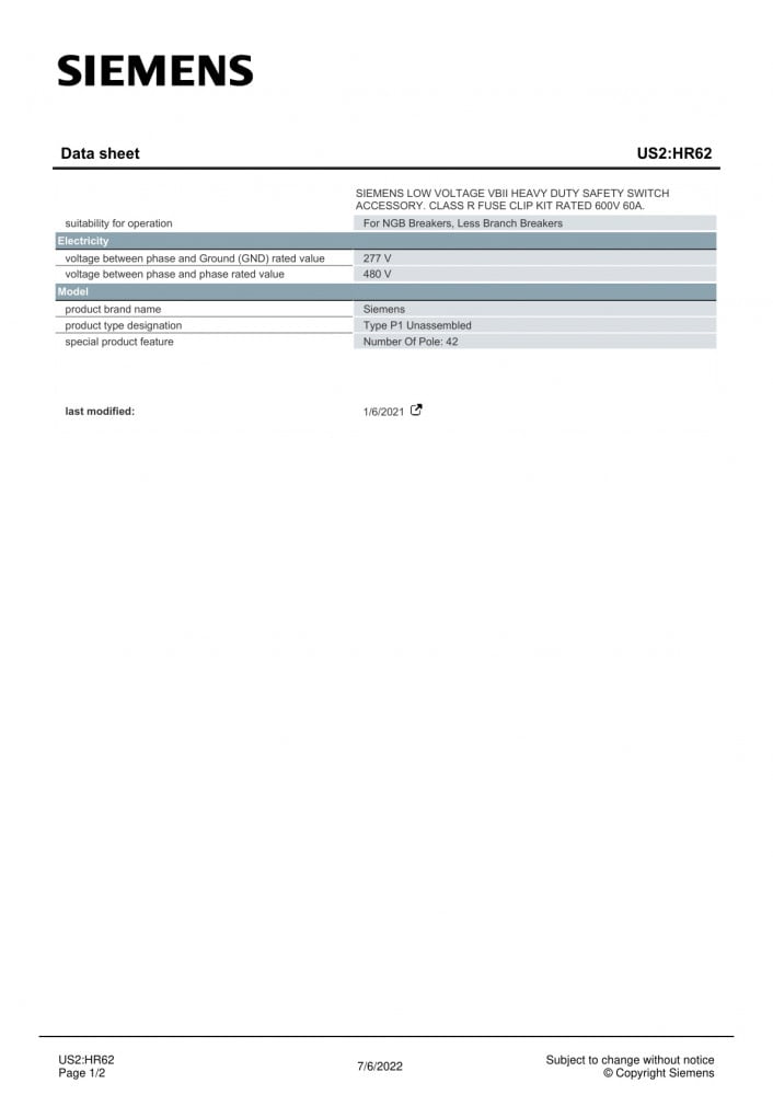 SIEMENS HR62 datasheet page 1