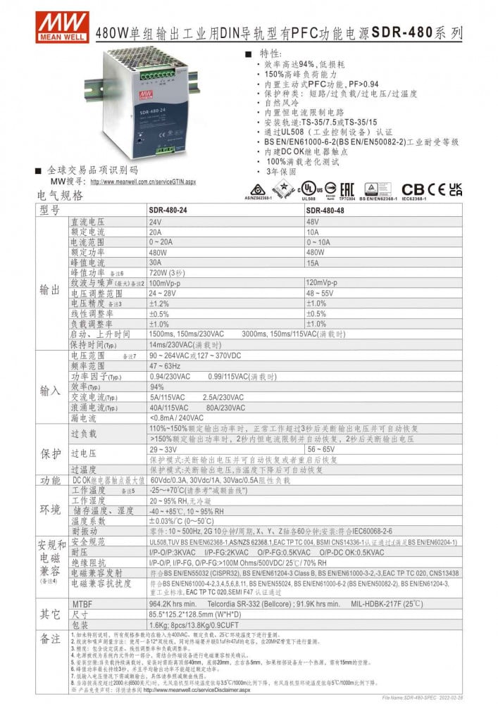MEAN WELL SDR-480-24 technical document page 1