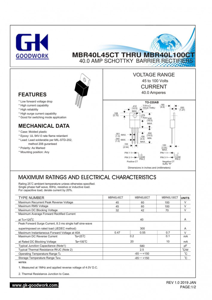 GOODWORK MBR40L100CT datasheet page 1