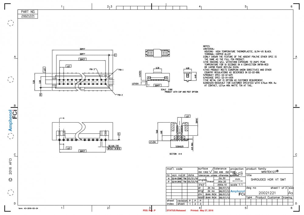 Amphenol 20021221-00010C4LF technical drawing page 1