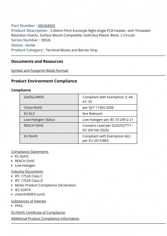 Product document image 1 for MOLEX 395264502