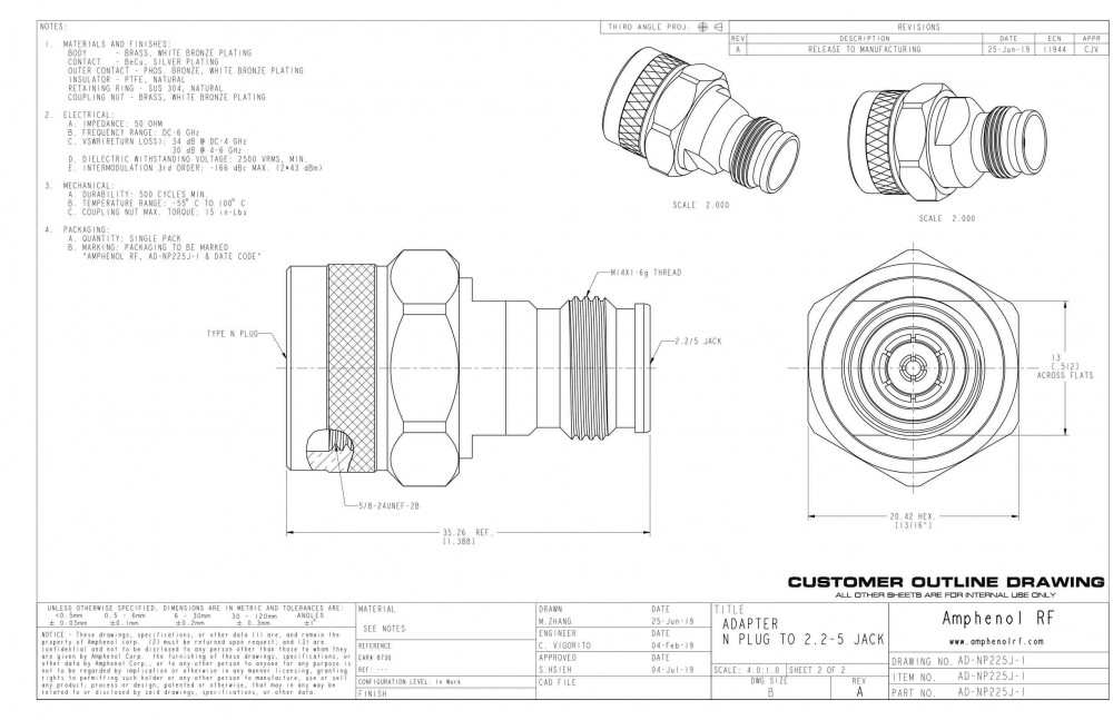 Amphenol AD-NP225J-1 technical drawing page