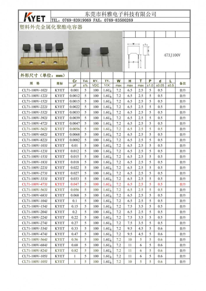 KYET PE473J2A0503 dimensional table