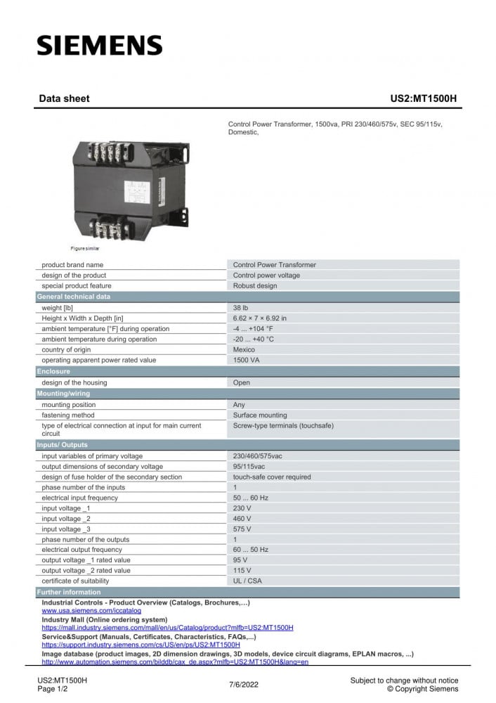 SIEMENS MT1500H datasheet page 1