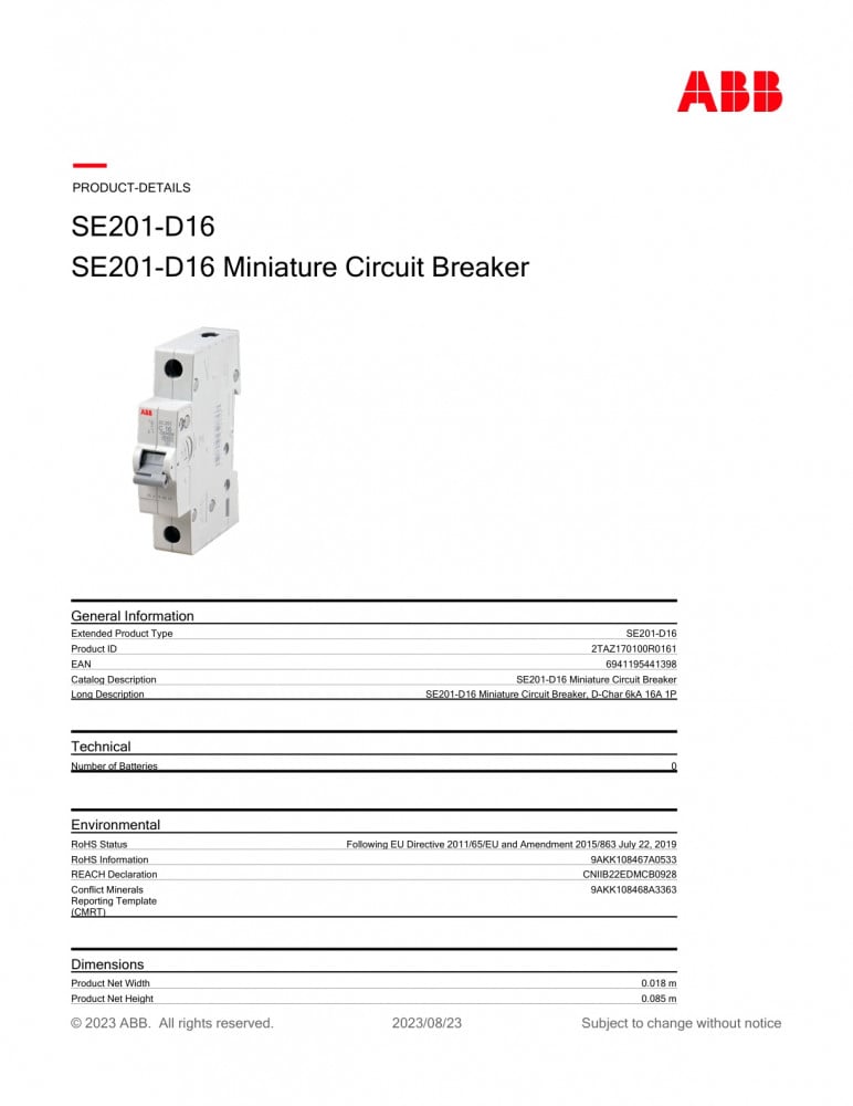 ABB SE201-D16 technical document page 1