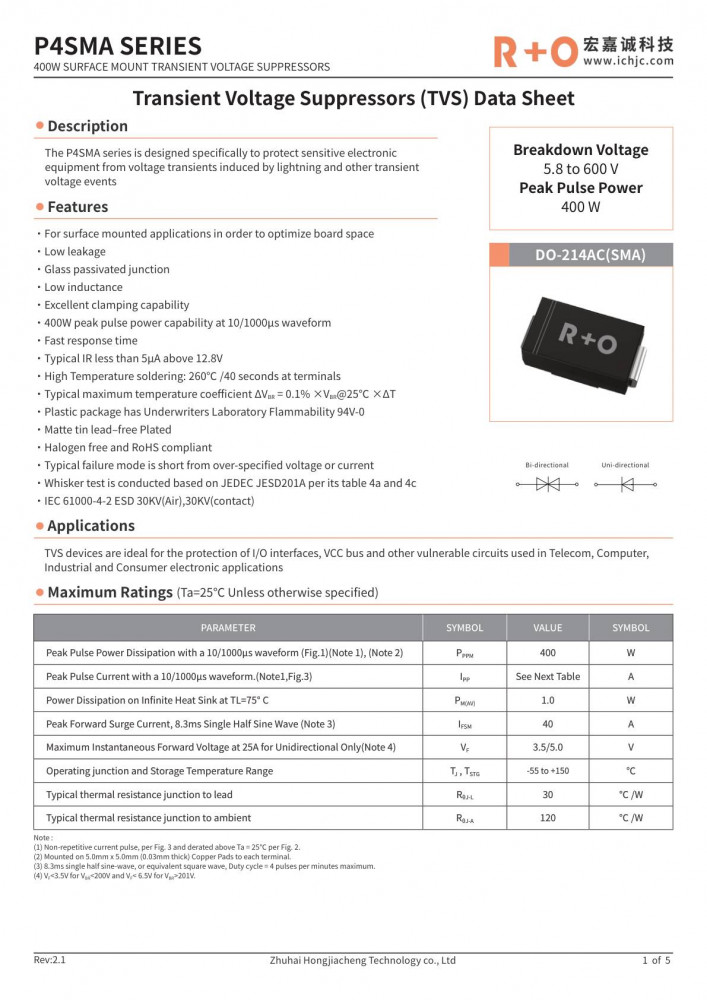 R+O P4SMA series datasheet page 1