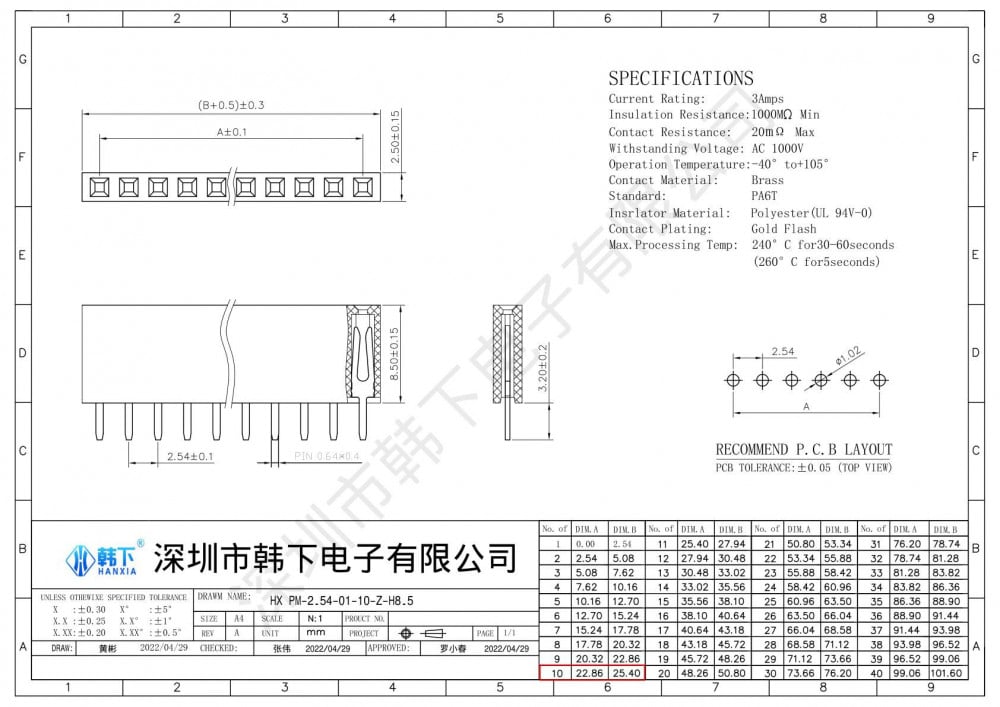 HX PM-2.54-01-10-Z-H8.5 technical drawing and specification page