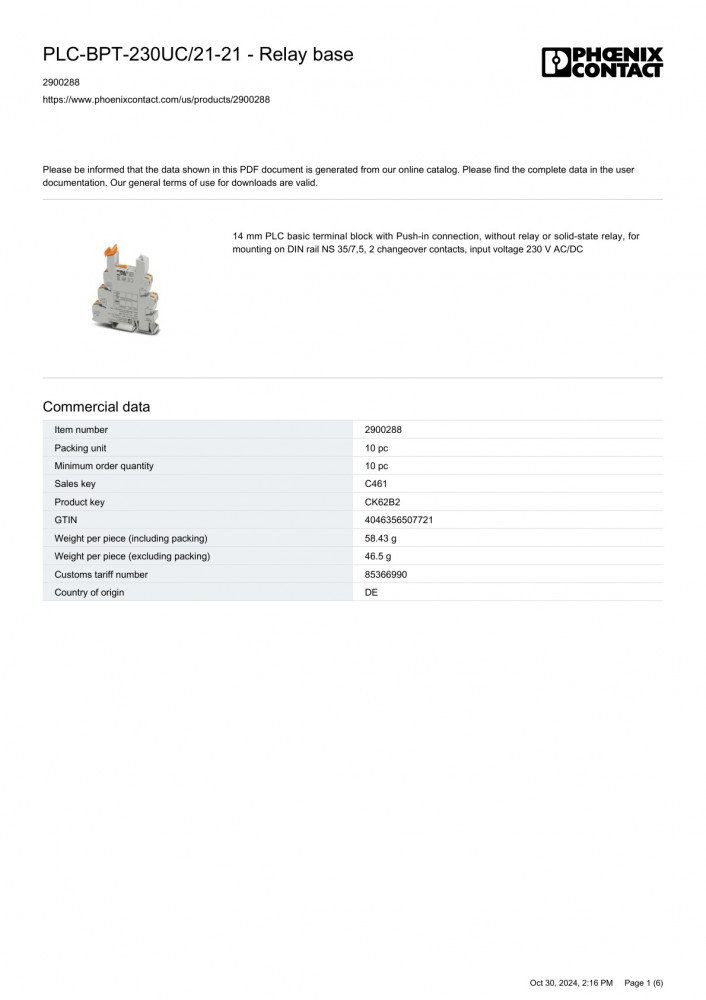 Phoenix Contact 2900288 technical document page 1