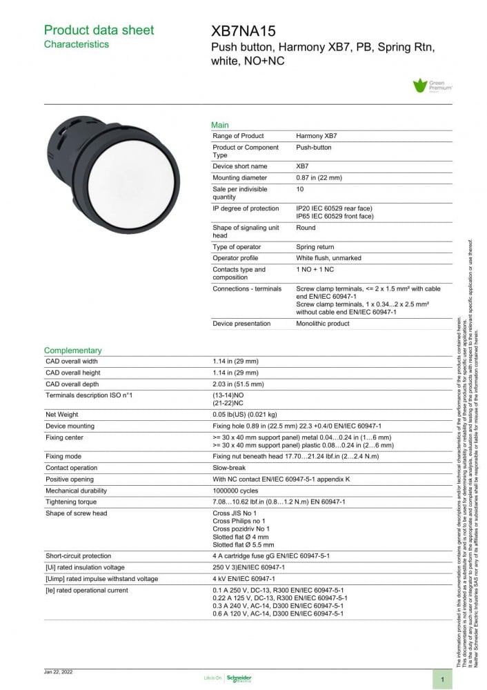 XB7NA15 technical document page 1