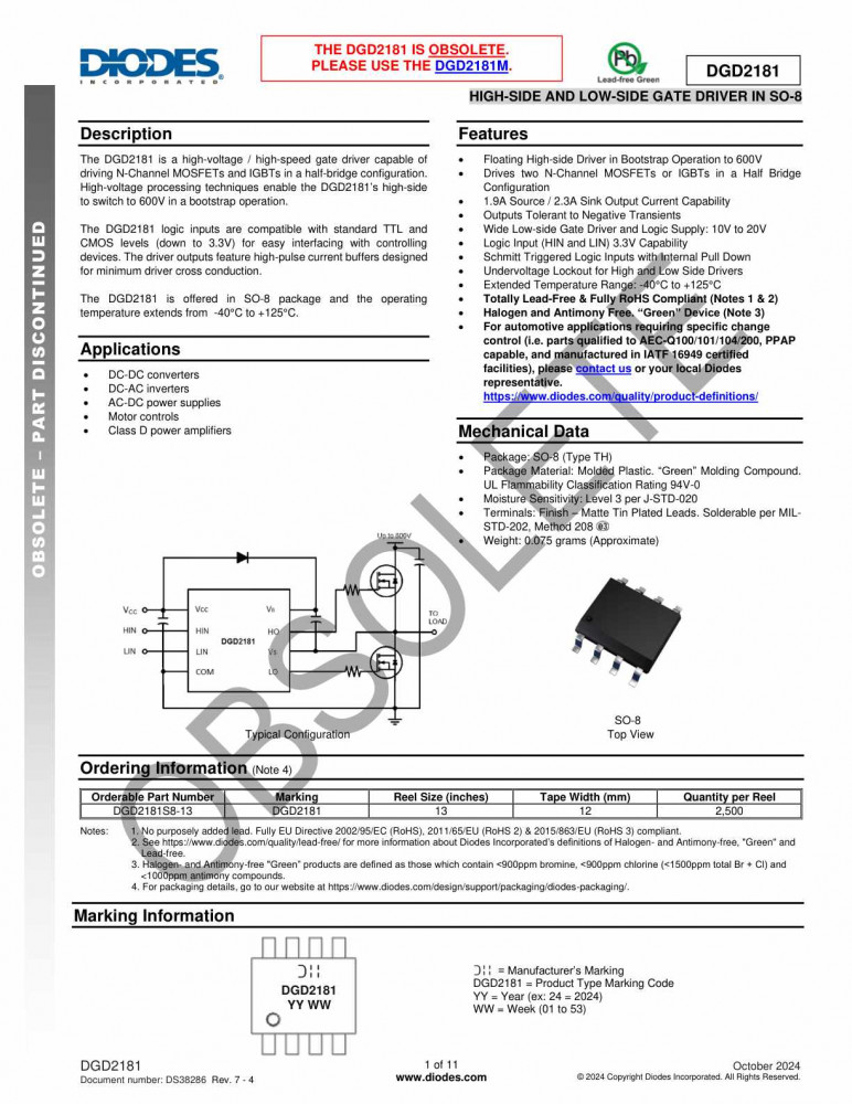 DGD2181S8-13 datasheet page 1
