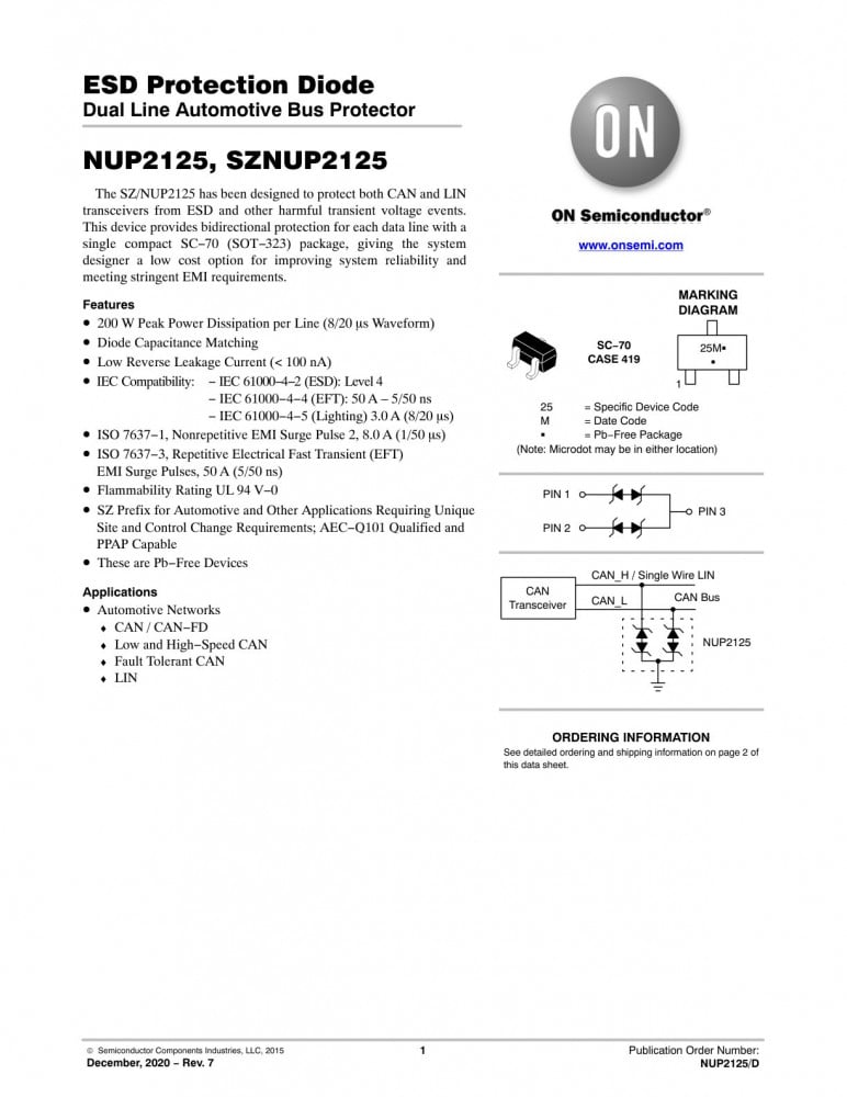 SZNUP2125WTT1G datasheet page 1