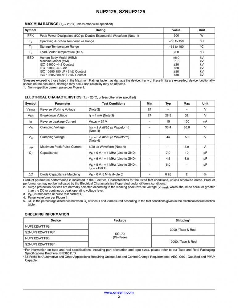 SZNUP2125WTT1G datasheet page 2