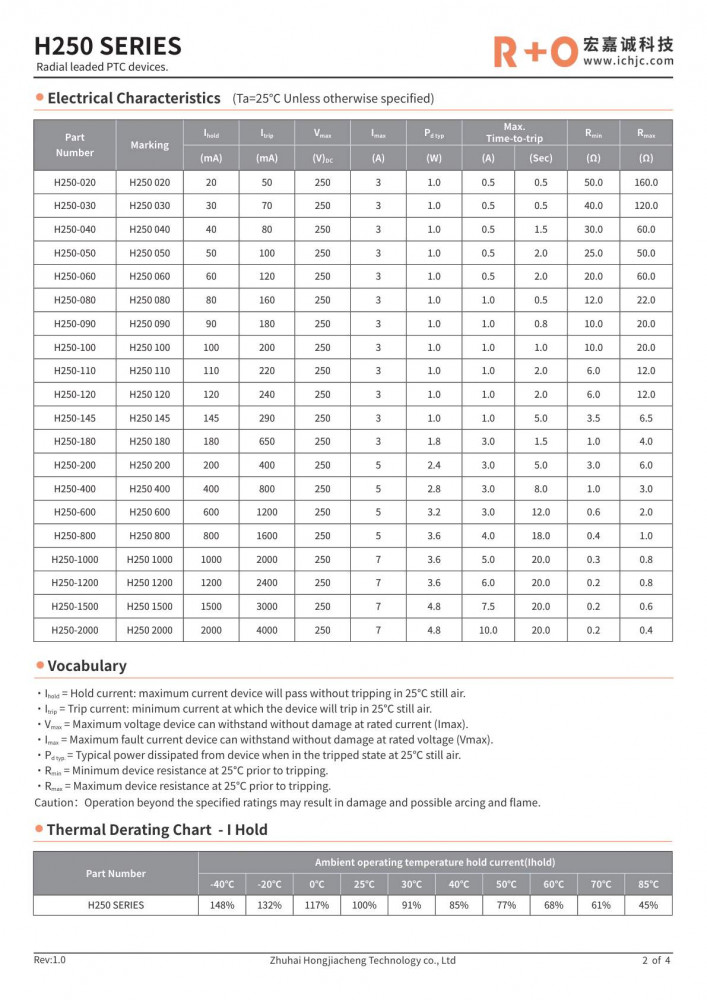 R+O H250 series datasheet page 2