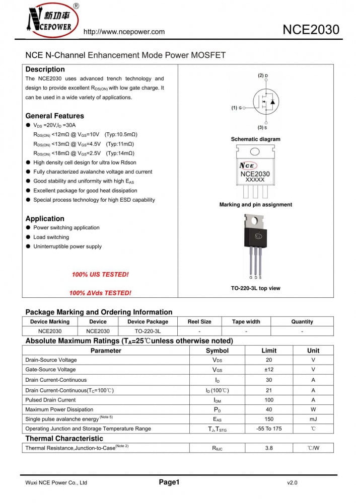NCE2030 datasheet page 1