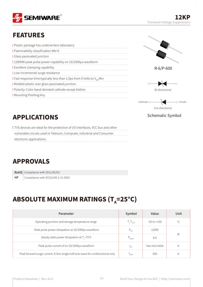 SEMIWARE 12KP250A datasheet page 1