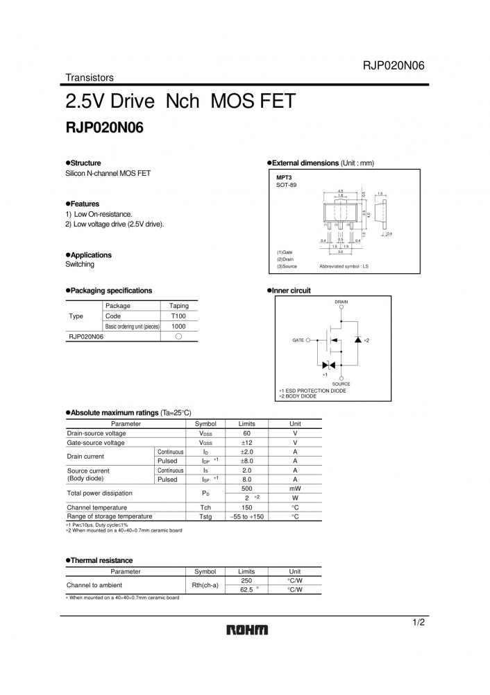 RJP020N06T100 technical document page 1