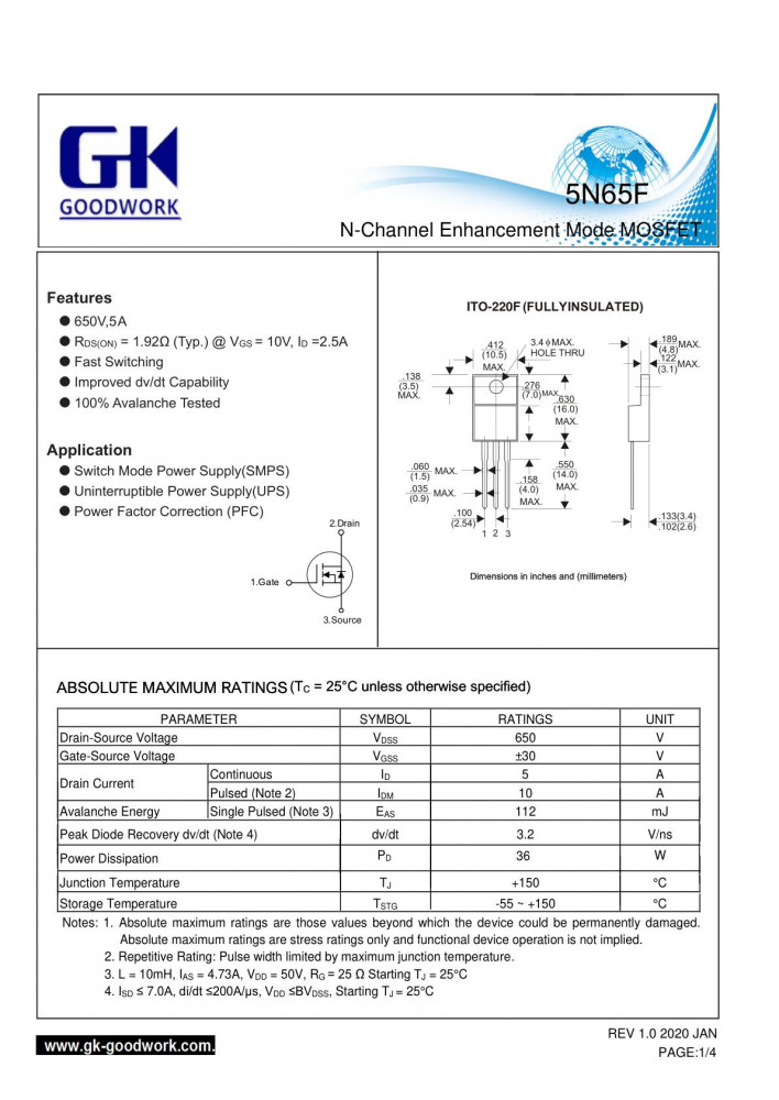 GOODWORK 5N65F datasheet page 1