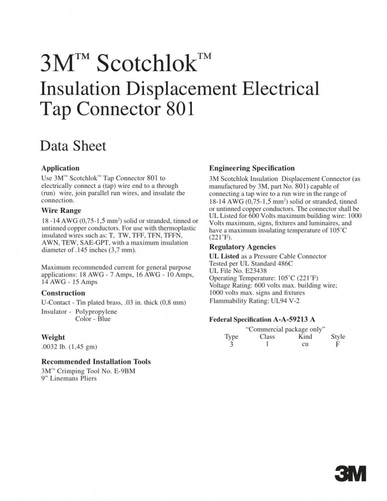 3M Scotchlok 801-BULK technical datasheet page 1
