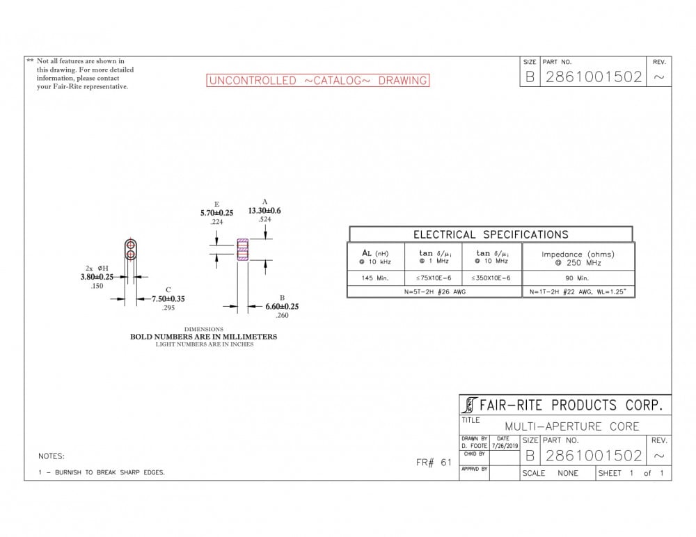 Fair-Rite 2861001502 technical document preview