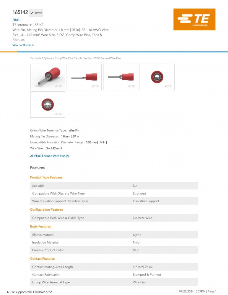 TE Connectivity 165142 technical document page 1