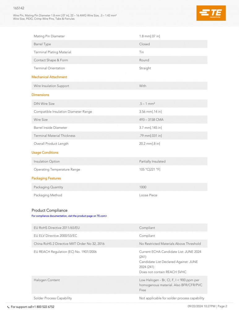 TE Connectivity 165142 technical document page 2