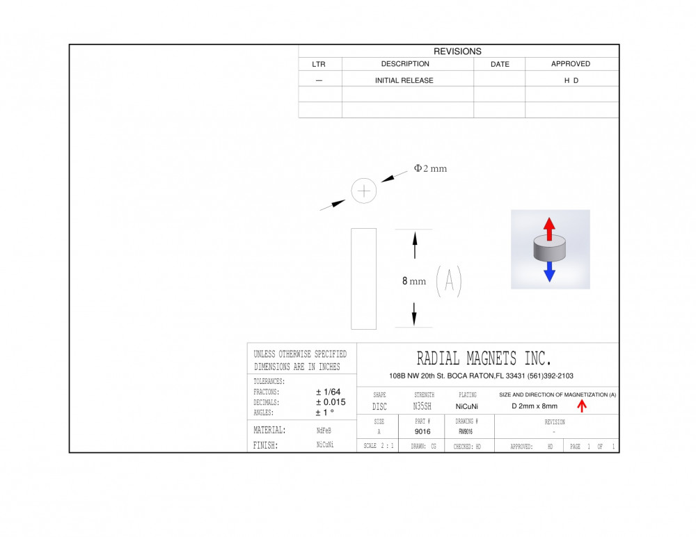 9016 NdFeB disc magnet technical drawing preview