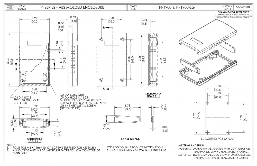 Bud Industries PI-1900-LG enclosure drawing reference