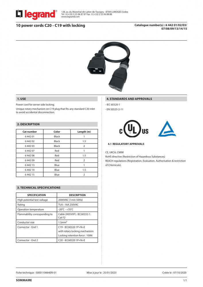 Legrand C20 to C19 locking power cord technical document preview