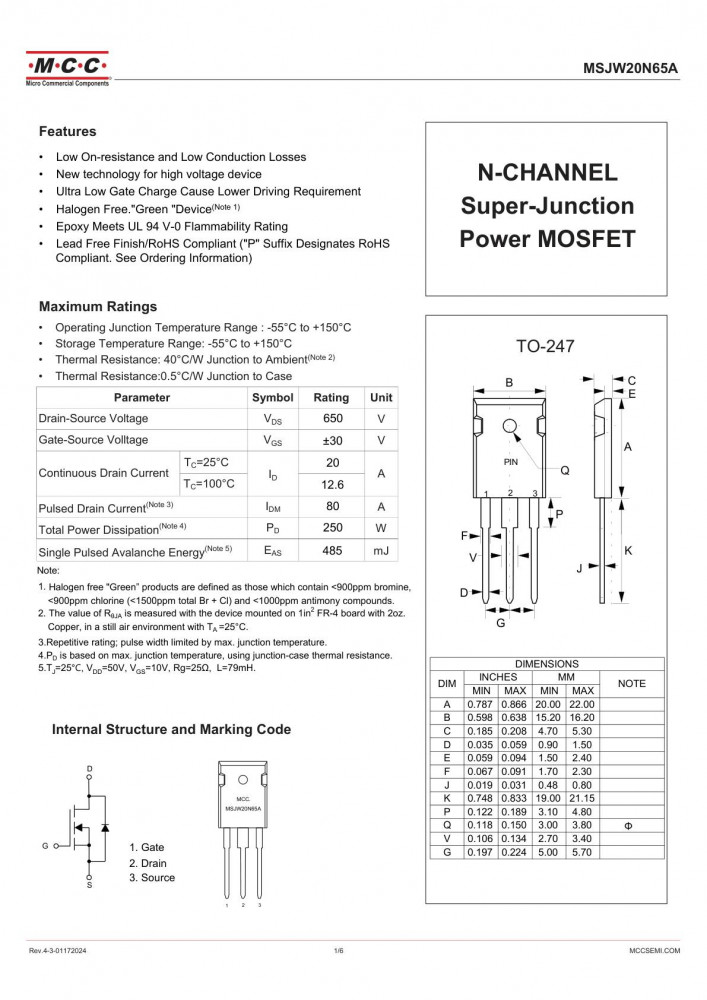 MSJW20N65A-BP datasheet page 1