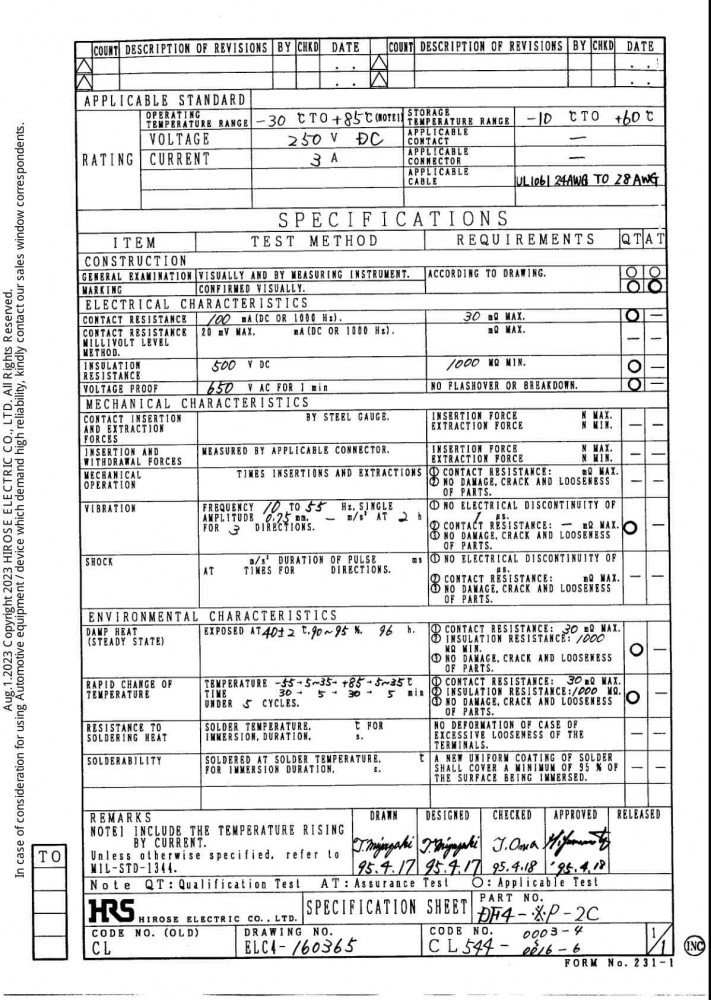 HRS connector specification document page