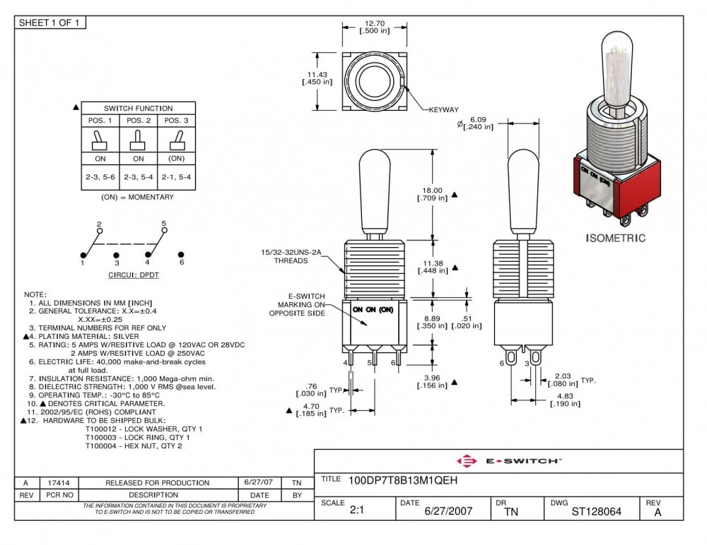 E-Switch 100DP7T8B13M1QEH technical drawing and specifications